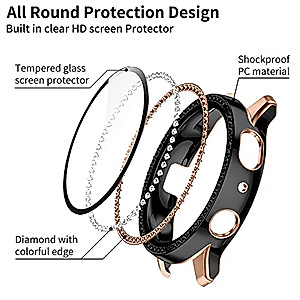 GEAK Compatible with Samsung Galaxy Watch Active 2 Case 40mm, Overall Guard Diamonds HD Screen Protector with Rose Gold Edges Design for Samsung Active 2 Watch Women Girls 40mm Black/Rosegold