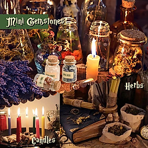 Witchcraft Starter Kit, Witchcraft Supplies for Wiccan Altar- 63 Pack of Crystals Dried Herbs, Colored Magic Candles, Charm Bags and Ritual Witches Salt for Spells, Baby Witches