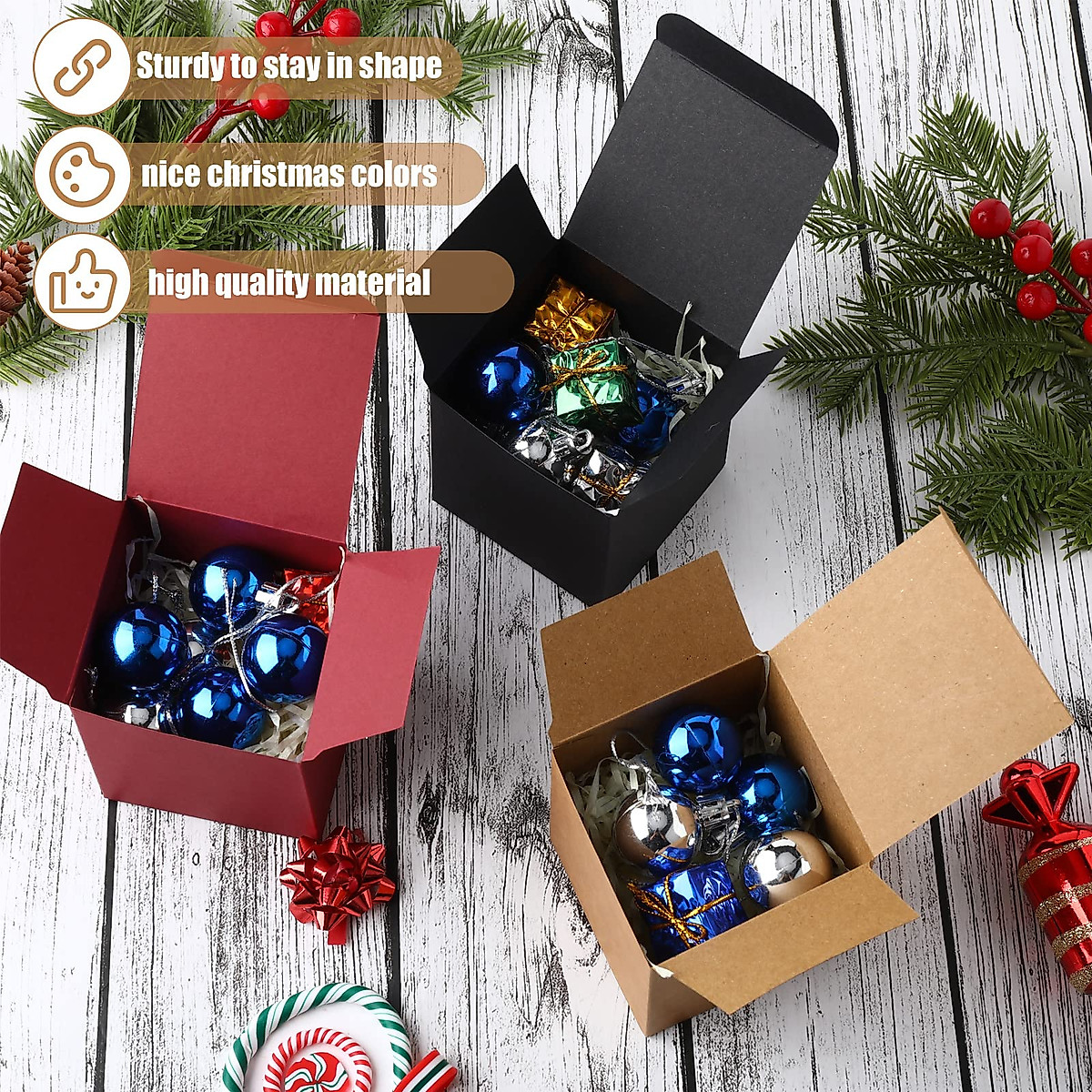 Spiareal 60 Pcs Small Gift Boxes 3 x Inches Christmas with Twine Candle Packaging Square Kraft for Xmas Gifts Wedding Birthday Bridesmaid Proposal Party Favors, Brown Red Black