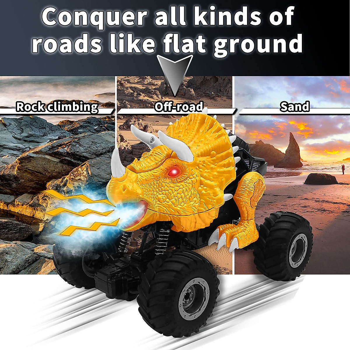 Bravepal Remote Control Stunt Dinosaur Car - 360° Rotation Off Road Monster 2.4 GHz RC Trucks Toy, 2 Rechargeable Batteries RC Car with Sound Effects, Flash Roar Spray and Lights for Boys Girls