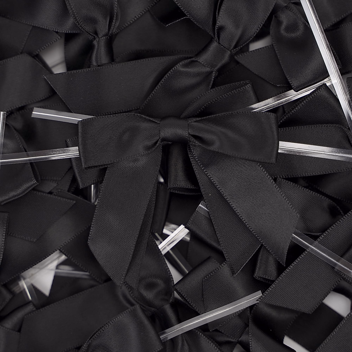 AIMUDI Black Bows for Gift Wrapping 2.5" Premade Black Twist Tie Bows for Crafts Pre-Tied Black Satin Ribbon Bows Small Gift Bows for Treat Bags Party Favors Wedding Decorations - 50 Counts