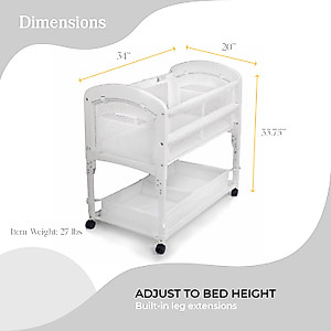 Arm’s Reach Cambria Co-Sleeper Bedside Bassinet Featuring Height-Adjustable Legs, Curved Wooden Ends, Breathable Mesh Sides with Pockets, and Large Lower Storage Basket, White
