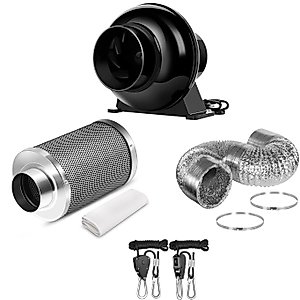 iPower 4 Inch 195 CFM Inline Fan Circulation Vent Blower, Air Carbon Filter, 8 Feet Ducting and 1-Pair Rope Combo for Grow Tent Ventilation, Low noise