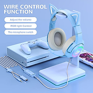 SIMGAL Blue Gaming Headset with Removable Cat Ears, Compatible with PC PS4 PS5 Xbox One(Adapter Not Included) Mobile Phones, with Surround Sound, RGB Backlight & Retractable Microphone