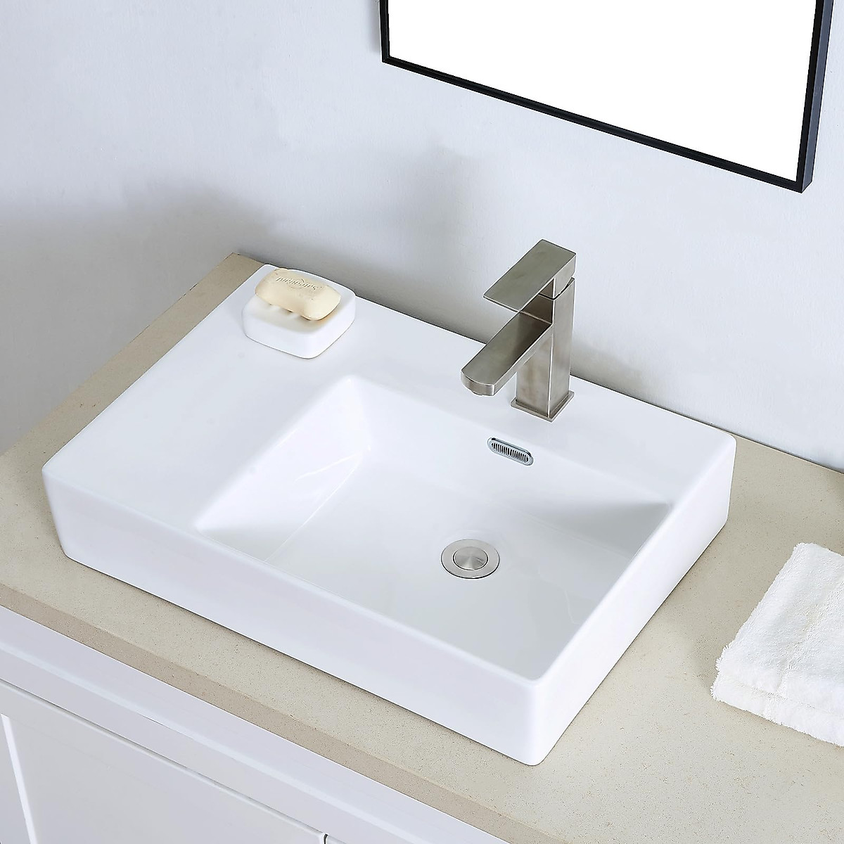Bathroom Sink,White Wall Mounted Sink,Rectangle Wall Mount Bathroom Vessel Sink,24"X17"Modern Floating or Countertop Porcelain Ceramic Washing Bathroom Lavatory Sink,Right Side