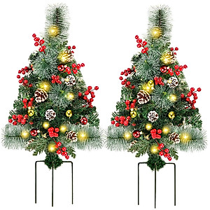 Juegoal 2 Pack 30 Inch Pre-Lit Pathway Christmas Trees, Upgrade Artificial Xmas Urn Filler with 60 LED Lights, Red Berries and Pine Cones Ornaments, Battery Operated Holiday Décor for Driveway, Yard