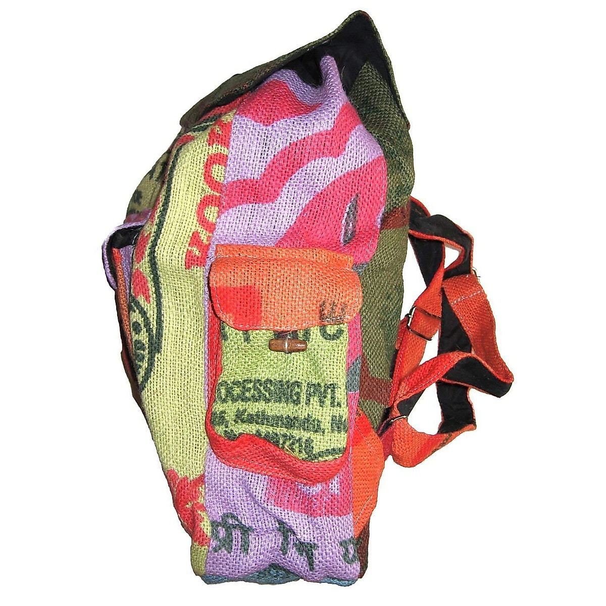DharmaObjects Lungta Recycled Jute Rice Bag Backpack Hand Made Nepal Multi Color