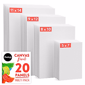 Chalkola Paint Canvases for Painting Multipack - 20 Pack Blank Canvas Panels - 5x7, 8x10, 9x12, 11x14 inch (5 Each) - 100% Cotton, Primed, Acid Free Art Canvas Boards for Painting with Acrylic & Oil