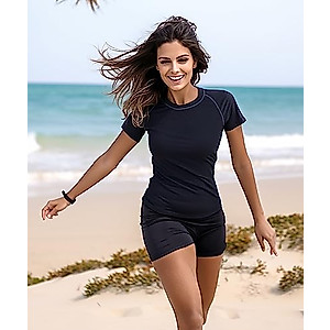 Rash Guard Fishing Shirt for Women UV Protection Short Sleeve Womens Alice UPF 50 Navy Blue Swimsuit Top (XL)