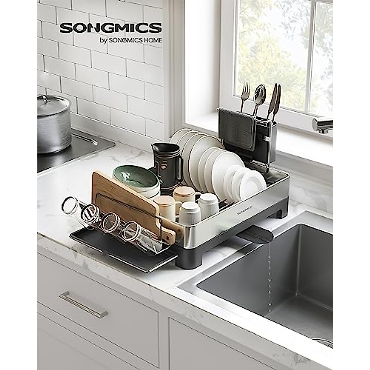 SONGMICS Dish Drying Rack, Stainless Steel Dish Rack with Rotatable Spout, Drainboard, Fingerprint-Resistant Dish Drainers for Kitchen Counter, 12.5 x 22.5 in, Silver and Black UKCS030B01