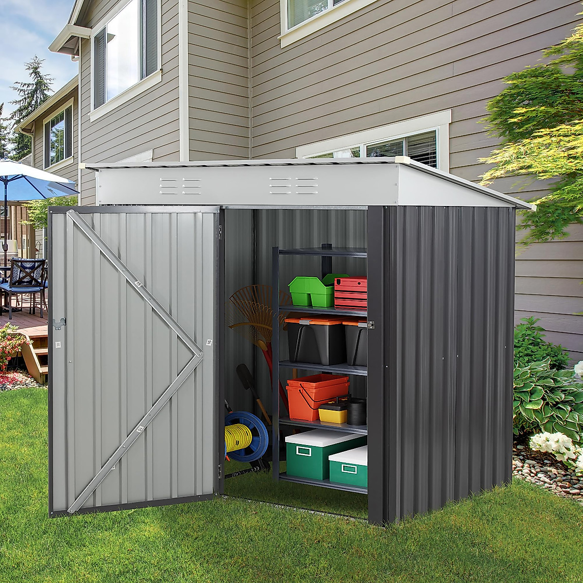 Vongrasig 6 x 4 x 6 FT Outdoor Storage Shed Clearance with Lockable Door Metal Garden Shed Steel Anti-Corrosion Storage House Waterproof Tool Shed for Backyard Patio, Lawn and Garden (Dark Gray)