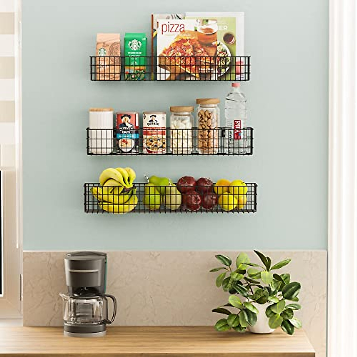 Wall35 Kansas Wall Mounted Black Bookshelf for Kids' Room Decor, Metal Wire Storage Basket Set of 3 (Varying Sizes)