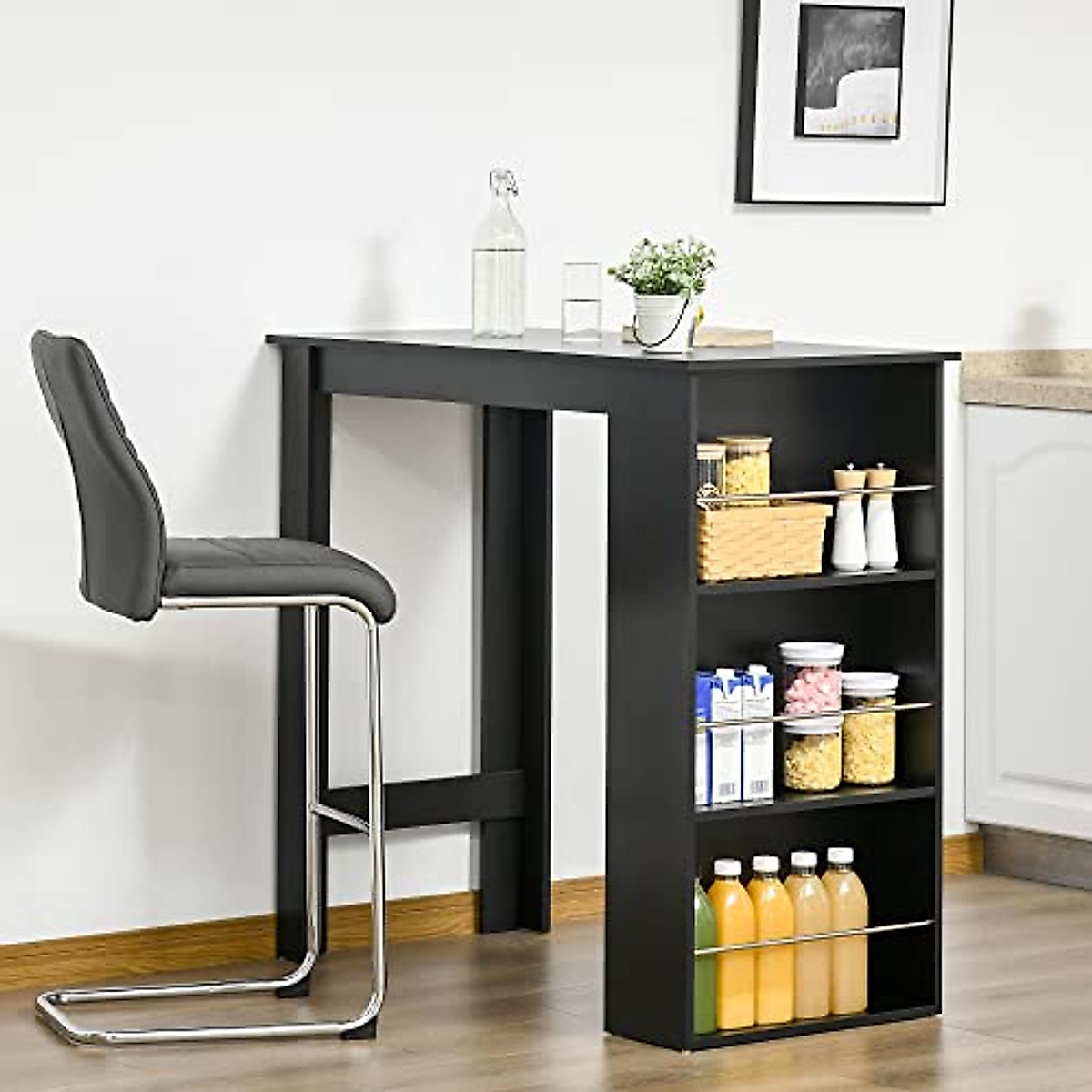 HOMCOM Modern Bar Table Counter Height Dining Table with 3 Storage Shelves for Kitchen, Dining Room, Living Room, Black