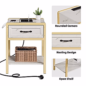 IDEALHOUSE Nightstand, White and Gold Night Stand with Charging Station, Side Table Bedside Table with Drawer, End Table with Storage Shelf for Bedroom, Living Room, Dorm (White(1 Pack))