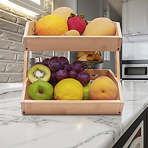 PALM NAKI® Bamboo Fruit Basket 2-Tier - Sturdy & Attractive Space-Saving Fruit Stand Design, Easy Assembly, Enhanced Air Circulation, Fruit Storage (Natural Bamboo)