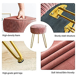 LUE BONA Mid Century Modern Velvet Upholstered Pleated Round Footrest Stool Ottoman with Metal Legs, Home Multifunctional Luxury Ottoman Suitable for Living Room and Bedroom
