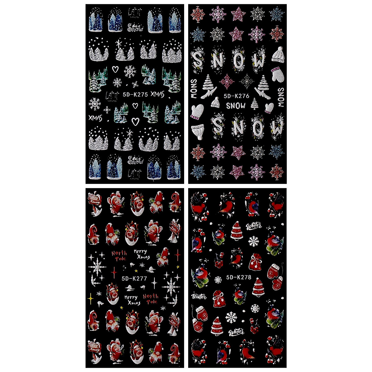 JMEOWIO 3D Embossed Christmas Nail Art Stickers Decals Self-Adhesive Pegatinas Uñas 5D Xmas White Snowflake Winter Holiday Nail Supplies Nail Art Design Decoration Accessories 4 Sheets