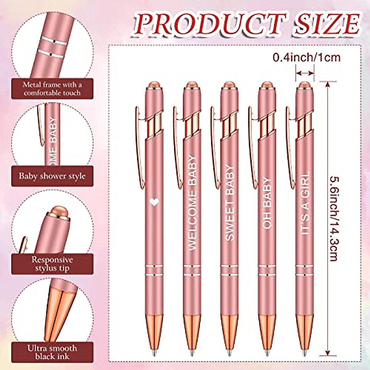 Outus 50 Pcs Baby Shower Ballpoint Pen with Stylus Tip 2 in 1 Metal Pen Retractable Pens Stylus Black Ink Pens for Baby Shower Party Favors, Black Ink (Rose Gold, Girl)