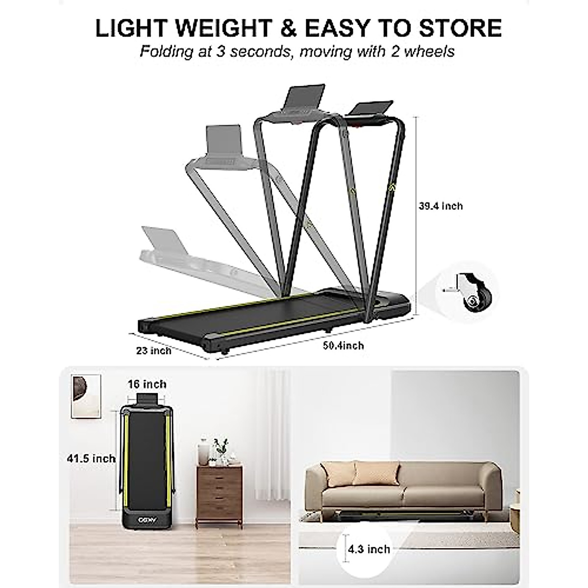 AKSO Foldable Treadmill Walking Pad, 300lb Capacity 2 in 1 Folding Treadmill 7.6mph Under Desk Treadmill with Remote & Smart App, Small Walking Running Jogging for Home Office Portable Treadmill