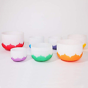 440HZ Set of 7 Lotus Design Frosted Quartz Crystal Singing Bowls 6"-12" with free mallets & O-rings
