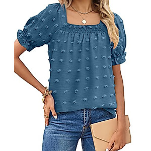 Square Neck Tops for Women Puff Sleeve Blouses for Women Summer Polka Dot Blue S