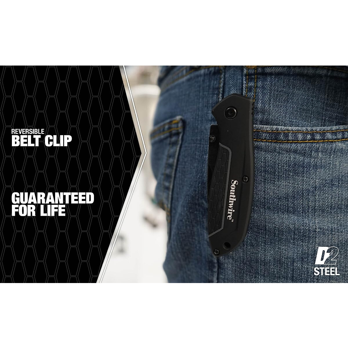 Southwire Tools & Equipment DPKD2 EDGEFORCE Pocket Knife, 3.26" blade, D2 Steel, Stonewash Black Oxide Finish For Corrosion Resistance- Smooth Blade For Everyday Use
