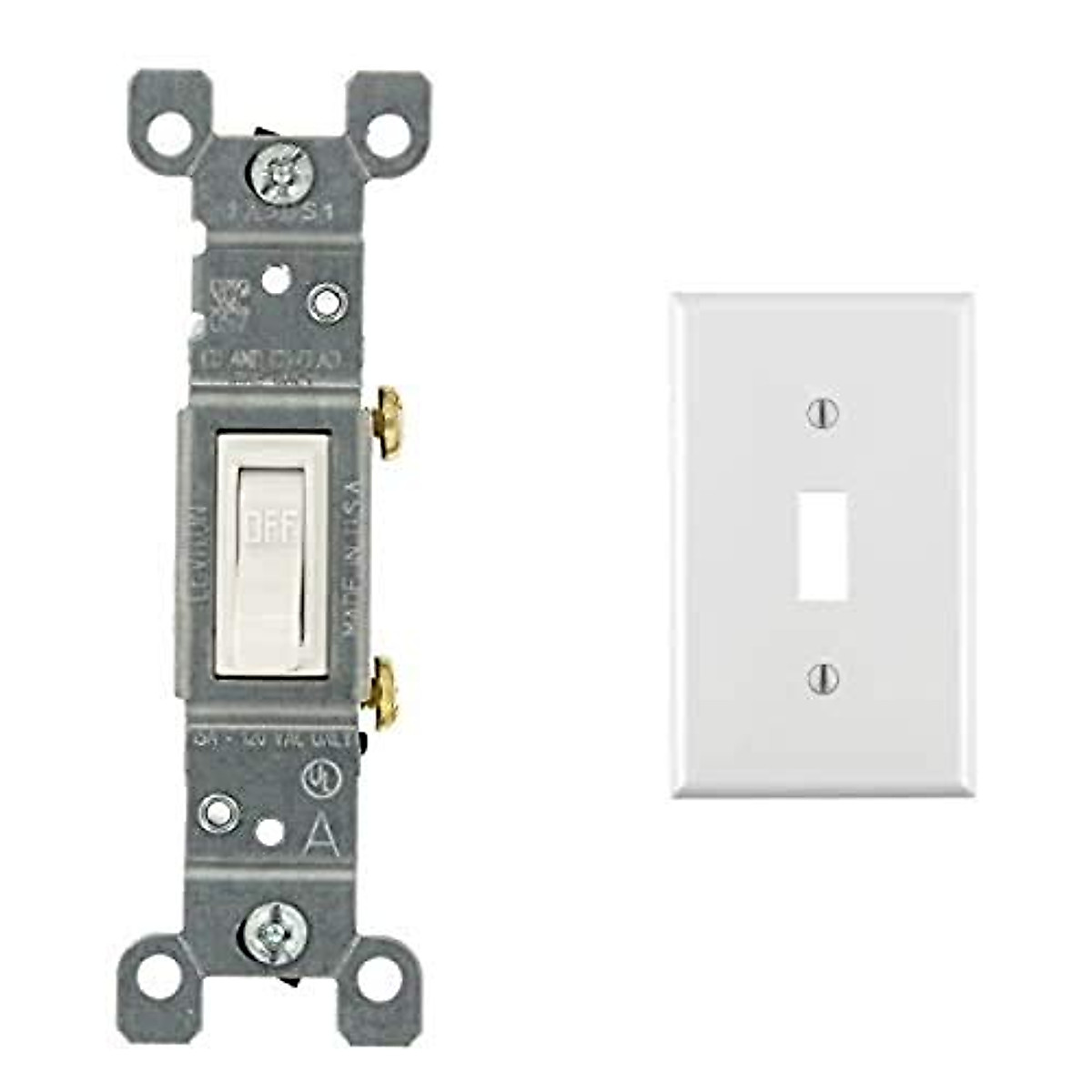 Leviton 1451-2WM 15 Amp, 120 Volt, Toggle Framed Single-Pole Ac Quiet Switch, Residential Grade, Grounding, 10-Pack, White and 10 of Leviton 80701-W, 1 Gang 1-pack, White