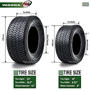 Set 4 WANDA Lawn Mower Turf Tires 16x6.5-8 Front & 23x10.5-12 Rear /4PR -13019/13049