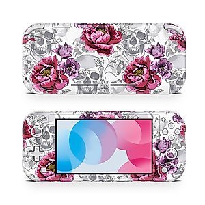 ZOOMHITSKINS Switch Lite Accessories, Compatible with Switch Lite Skin, Skull Kiss Cranium Skeleton Rose Flower White Pink Horror, 3M Vinyl, Durable & Fit, Easy to Install, Made in The USA