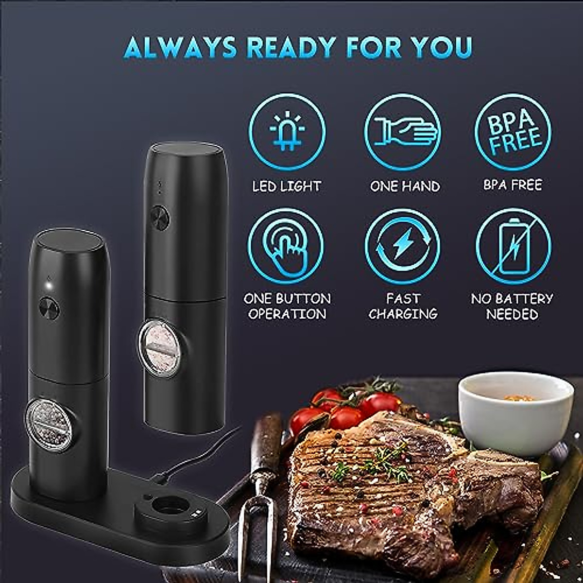 Rechargeable Electric Salt and Pepper Grinder Set, Adjustable Coarseness Automatic Salt or Pepper Mill Shakers, With Charging Base, USB Type-C Cable, LED Lights, One Hand Tact Switch Operation