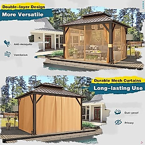 EROMMY 10' x 12' Gazebo, Galvanized Steel Double Roof Hardtop Gazebo with Aluminum Frame, Permanent Outdoor Metal Pavilion with Curtain and Netting for Patio, Lawn and Garden