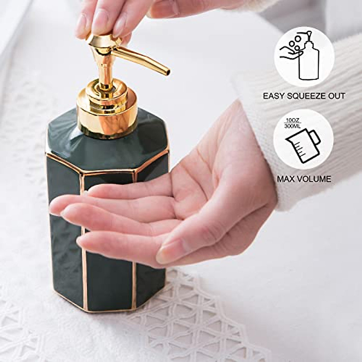 4 Pieces Bathroom Accessories Set Ceramic Bathroom Ensemble Includes Lotion Dispenser Toothbrush Tumbler Soap Dish Green and Gold for Bath Decor