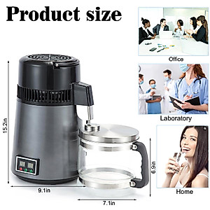 Water Distiller w/ Glass Container;750W,1.1Gal/4L Capacity;Distill Water up to 0.26Gal/1L per Hour and About 6Gal/23L per Day(Dual Temperature Display / Gray)