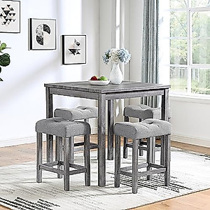 PEIHONGET 5-Piece Dining Table Set,Modern Bar Table and Chairs Set with Linen Fabric Cushions,Kitchen Breakfast Table Set with Solid Wood Legs, for Living Room, Dining Room,Game Room (Gray)