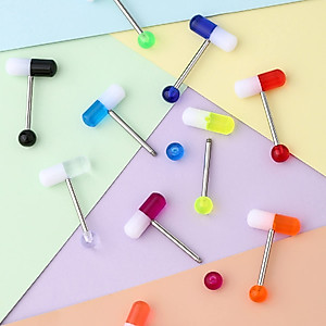 Melighting 10Pcs Pill Tongue Ring Barbell 14G Surgical Steel Tongue Rings with Mix-Color Uv Shaped Tongue Piercings Tongue Ring with Ball Piercing Jewelry for Women Men Set 16mm