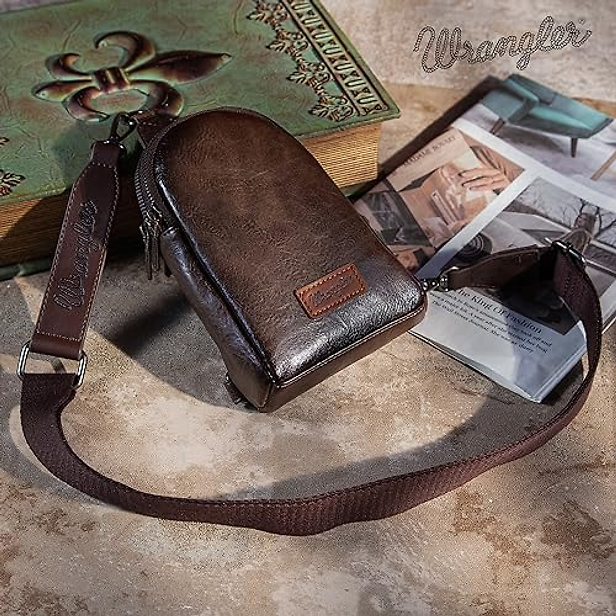 Wrangler Crossbody Sling Bags for Women Cross Body Fanny Pack Purse with Detachable Strap, Distressed Coffee