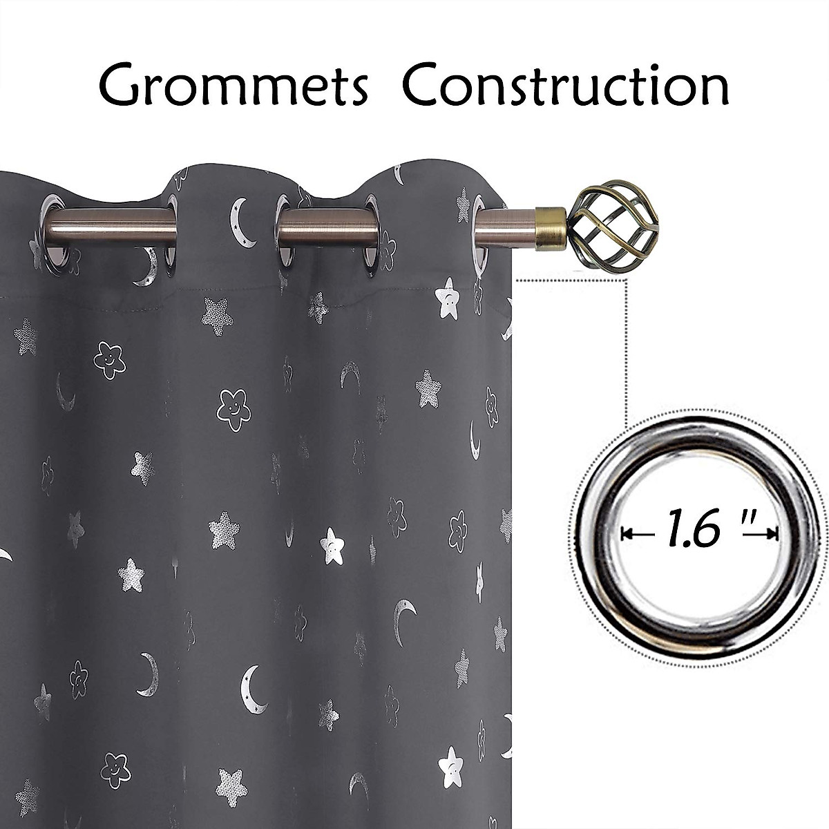 BGment Kids Curtains for Nursery, Star and Moon Blackout Curtains for Boys Girls Bedroom 63 Inch Length, Room Darkening Thermal Insulated Grommet Curtains for Baby, Dark Grey, 2 Panels of 42 x 63 Inch