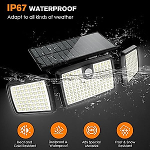 Solar Lights Outdoor, 3 Head Solar Motion Lights Outdoor with 2500LM 232 LEDs High Brightness, Built-in Bigger Tempered Glass Solar Panel, Sensitive PIR Motion Inductor