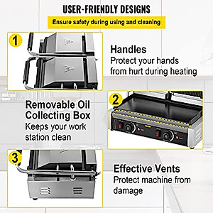 Happybuy Commercial Sandwich Panini Press Grill,110V 2x1800W Double Up Grooved and Down Flat Plates Electric Stainless Steel Sandwich Maker,Temperature Control 122°F-572°F for Hamburgers Steaks Bacons