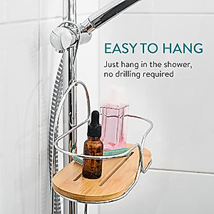Navaris Bamboo and Metal Shower Caddy - Over Shower Head 2-Shelf Hanging Organizer - Hanger Hook Shelves for Bathroom Showers, Toiletries, Accessories