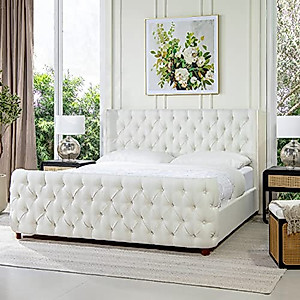 Jennifer Taylor Home Harmonie Queen Tufted Panel Bed Headboard and Footboard Set, Antique White Polyester