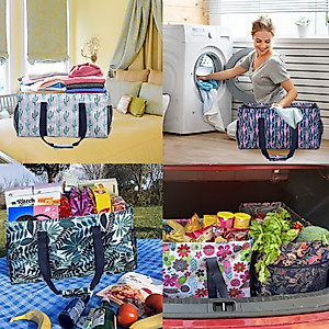Extra Large Utility Tote Bag Beach Bag Reusable Grocery Bags Collapsible Tote with Wire Frame for Groceries Storage Picnic Leaves 3