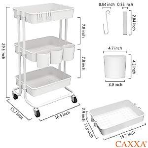 CAXXA 3-Tier Rolling Storage Organizer with 3 Small Baskets - Mobile Utility Cart with Caster Wheels (White)