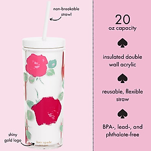 Kate Spade New York Floral Acrylic Tumbler with Lid and Straw, 20 oz Tumbler, Slim Double Wall Tumbler, Brushy Rose