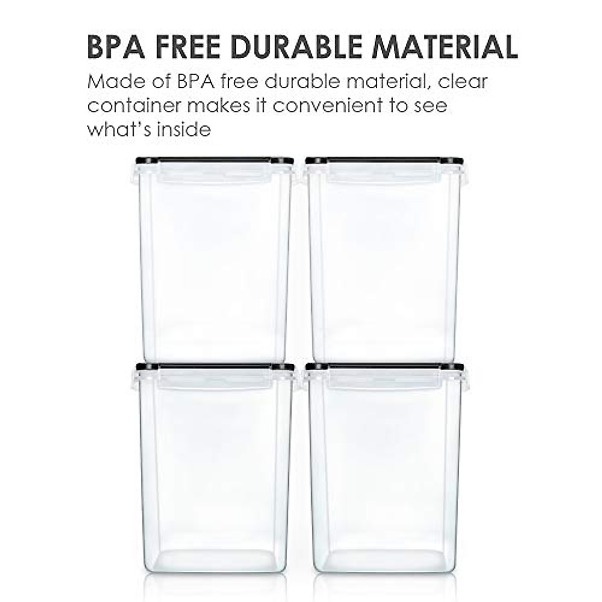 Large Food Storage Containers 5.2L / 176oz, Vtopmart 4 Pieces BPA Free Plastic Airtight Food Storage Canisters for Flour, Sugar, Baking Supplies, with 4 Measuring Cups and 24 Labels, Black