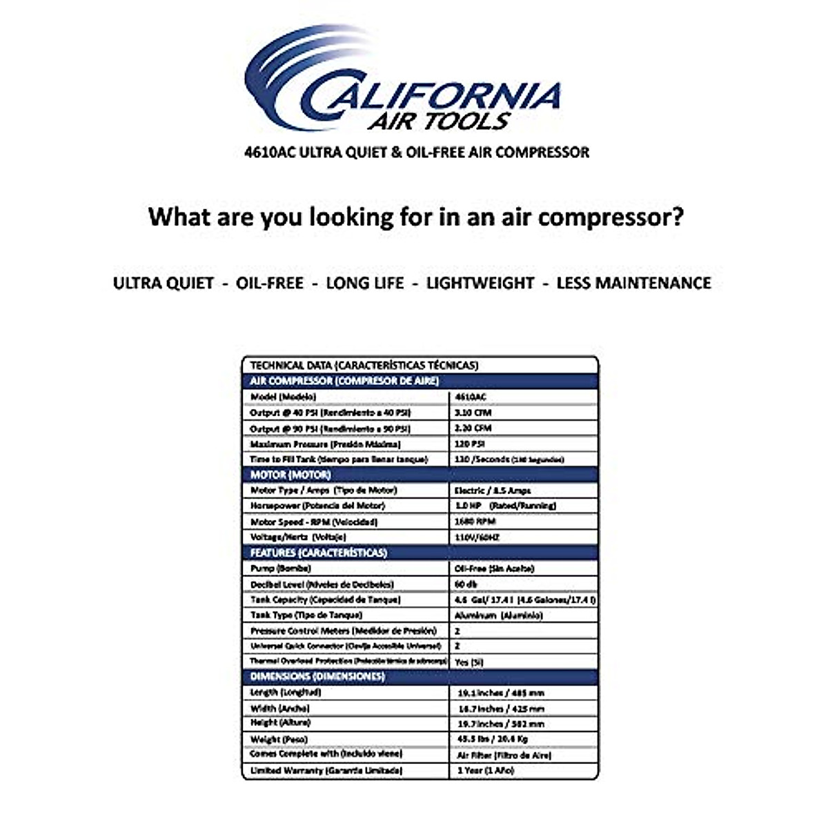 California Air Tools CAT-4610AC Ultra Quiet & Oil-Free 1.0 hp 4.6 gallon Aluminum Twin Tank Electric Portable Air Compressor, Silver