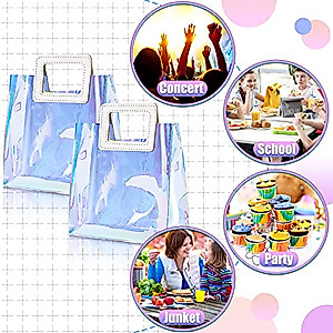 CHENGU 10 Pcs Holographic Gift Bags Clear Iridescent Reusable Birthday Gift Bags Handle PVC Gift Wrap Shopping Bags Waterproof Transparent Tote for Women Girl Wedding Party Baby Shower (7 x 8 x 4 Inch)