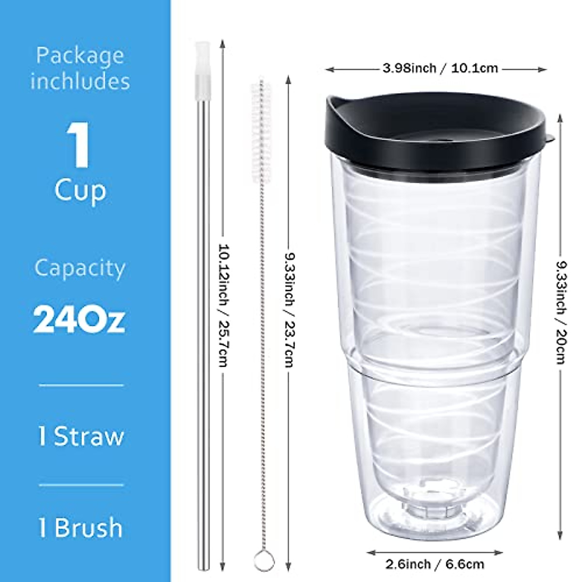 Modwnfy Clear Insulated Tumbler 24 Oz, Double Wall Tumbler with Black Lid And Straw, Plastic Tumbler Cups, Large Capacity Clear Tumbler, Clear Tumblers for Cold ＆ Hot Drinks