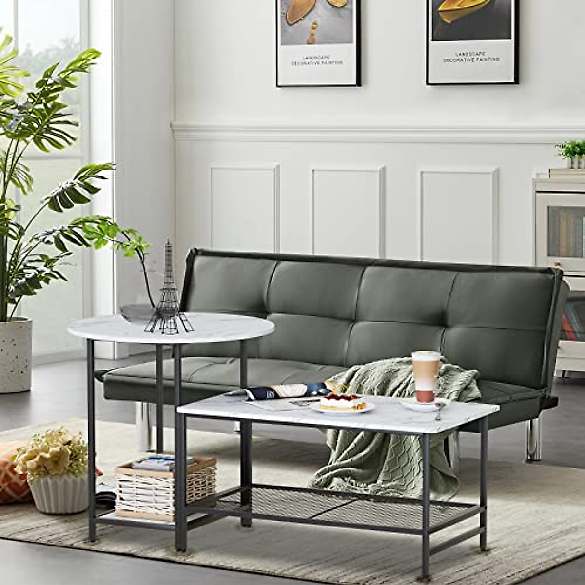 Huhote Nesting Coffee Table Set of 2 Storage End Table Modern White Faux Marble Round and Rectangular Table,2 Tiers Large Table with Metal Frame for Living Room Balcony Cabin Bed Room Dining Room.