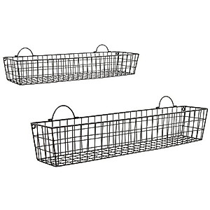 MyGift Country Rustic Wall Mounted Metal Wire Storage Basket Display Floating Shelves, 30 and 23-Inch Narrow Hanging Baskets, Set of 2